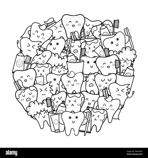 Cute Teeth Circle Shape Coloring Page Doodle Mandala With Funny Teeth Stock Vector Image Art