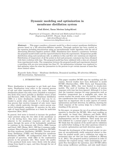 Pdf Dynamic Modeling And Optimization In Membrane Distillation System