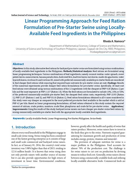 Linear Programming Approach For Feed Ration Formulation Of Pre Starter Swine Using Locally