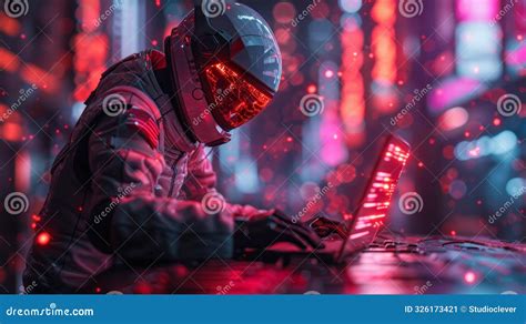 Futuristic Hacker In Cyberpunk City Generative Ai Stock Illustration Illustration Of Lights