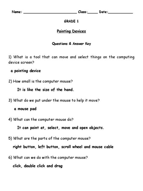 Grade 1 Computer Pointing Devices Pdf