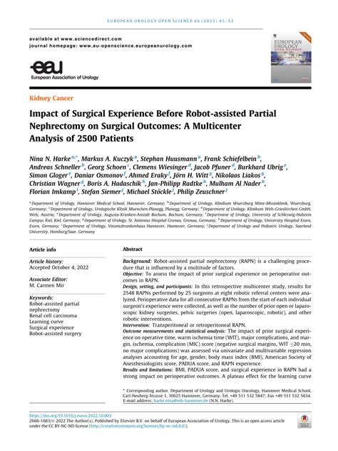 Pdf Impact Of Surgical Experience Before Robot Assisted Partial Nephrectomy On Surgical