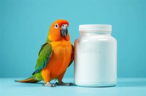Colorful Parrot Beside A Plain White Container Set Against A Solid