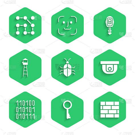 设置系统bug概念，旧钥匙，砖块，运动传感器，二进制代码，瞭望塔，汽车与远程和图形密码保护图标。向量