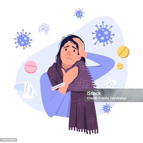감기와 독감의 벡터 그림입니다 그녀의 약 근처에서 온도를 측정하는 아픈 소녀와 만화 장면은 흰색 배경에 냅킨과 간균을 사용했습니다 바이러스에 대한 스톡 벡터 아트 및 기타