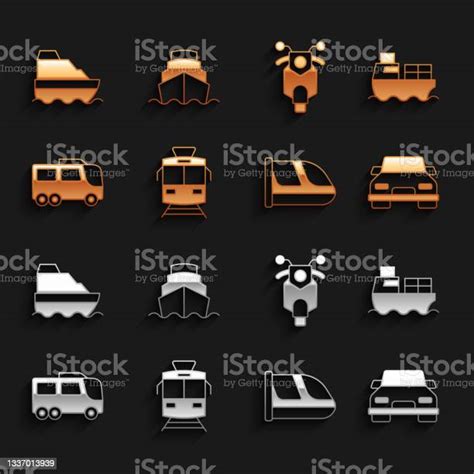 설정 트램 과 철도 상자 배달화물 선 기차 버스 스쿠터 크루즈와 아이콘 벡터 검은색에 대한 스톡 벡터 아트 및 기타 이미지 검은색 교육 강좌 교통수단 Istock