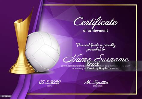 골든 컵 벡터와 배구 인증서 디플로마입니다 스포츠 빈티지 감사입니다 현대 선물입니다 빈 인쇄 A4 가로입니다 이벤트 일러스트