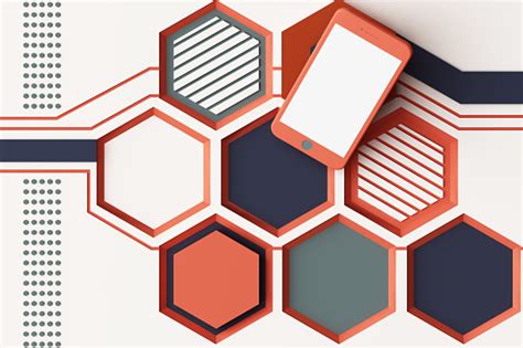기술 개념 오렌지와 블루 색상의 기하학적 모양 플랫폼의 추상 적 구성스마트 폰 3d 렌더링 0명에 대한 스톡 사진 및 기타 이미지 Istock