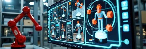 robotic arm and digital interface designing humanoid model in tech lab