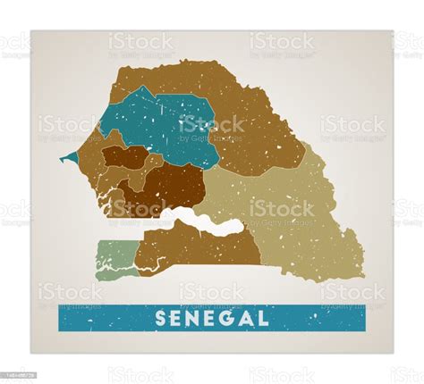 세네갈 지도 지역이 있는 국가 포스터 오래된 그런지 질감 국가 이름을 가진 세네갈의 모양 매력적인 벡터 그림입니다 검은색에 대한 스톡 벡터 아트 및 기타 이미지 Istock