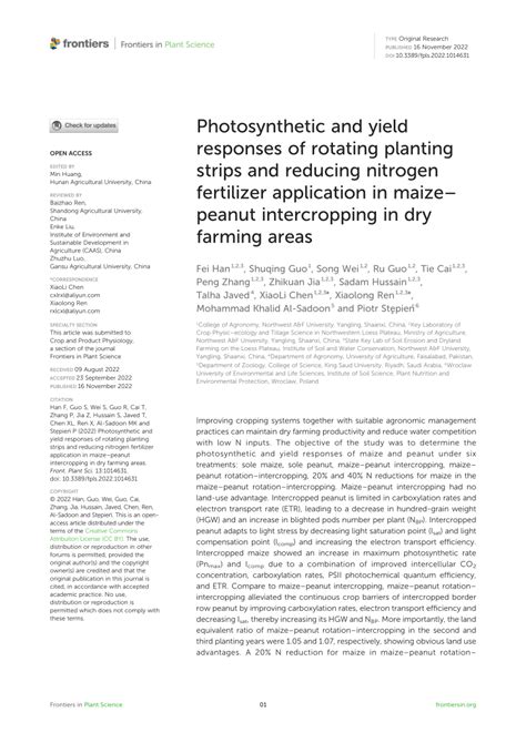 Pdf Photosynthetic And Yield Responses Of Rotating Planting Strips And Reducing Nitrogen
