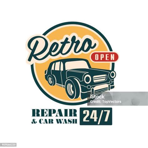 수리 및 자동차 워시 로고 Fesign 24 7 자동 서비스 배지 흰색 배경에 레트로 빈티지 라벨 벡터 일러스트 레이 션 0명에