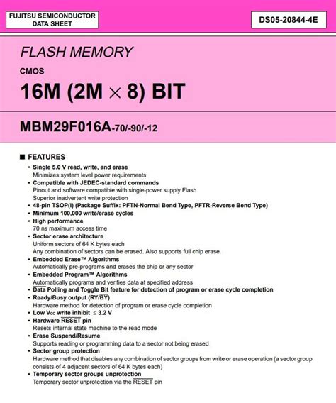 MBM29F016A 70 29F016A 70PFTN 29F016 16M 2M 8 BIT FLASH MEMORY 29F016A 70PFTN 29F016