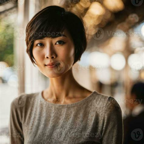 Photo Of Beautiful Japanese Asian Woman With Short Hair Generative Ai