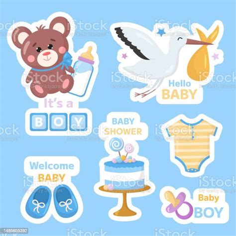 벡터 베이비 샤워 스티커는 아기 소년 생일 날 또는 베이비 샤워 파티를 위해 설정되었습니다 만화 유치한 장난감 곰 어린이 부티 젖꼭지 파란색 배경에 병 라벨 이벤트 배지 0
