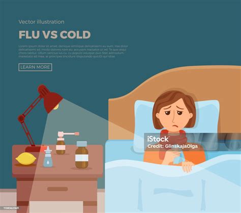 감기 독감의 증상과 침대에서 아픈 여자 담요와 스카프 의학 레몬 온도계와 베개에 만화 벡터 문자 고 열 두통을 가진 건강에 해로운 여자의 그림 감기와 독감에 대한 스톡 벡터