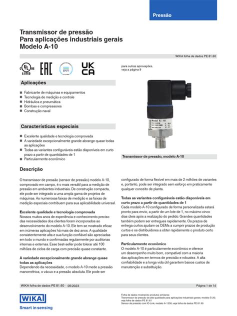 Transdutor Wika A10 Pdf Conector Elétrico Medição