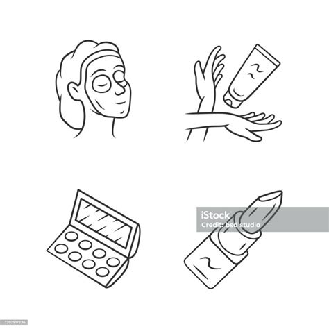 여성 위생 메이크업 선형 아이콘 세트 스킨 케어 속성 화장품 액세서리 얇은 라인 윤곽 기호 뷰티 살롱 제품 고립 벡터 개요 그림입니다 편집 가능한 스트로크 개념에 대한 스톡