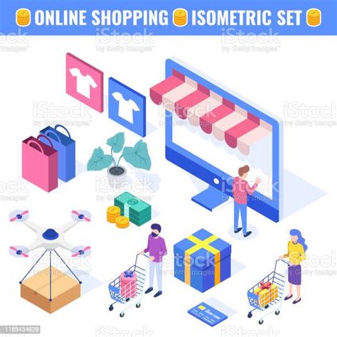 온라인 쇼핑 아이소메트릭 세트 사용자는 온라인으로 선물을 구입합니다 방문 페이지 템플릿 웹 배너 인포 그래픽 아이소메트릭 벡터 그림입니다 0명에 대한 스톡 벡터 아트 및