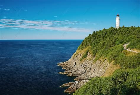 The Lighthouse On An Island Overlooking The Ocean Background Geomundo