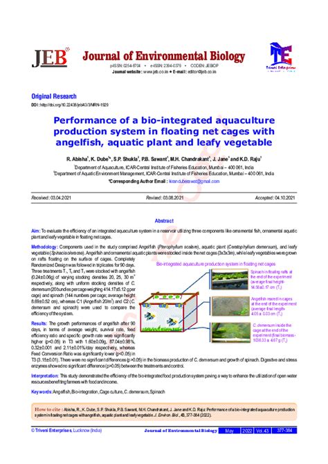 Pdf Performance Of A Bio Integrated Aquaculture Production System In