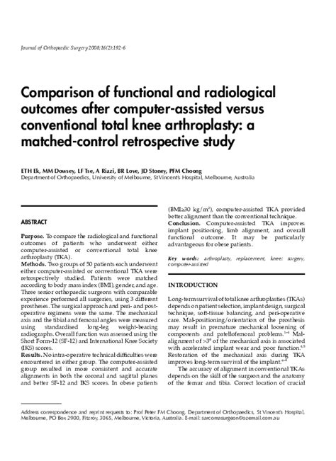 Pdf Simultaneous Bilateral Versus Unilateral Computer Assisted Total Knee Arthroplasty A
