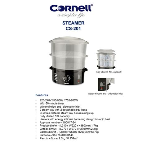 cornell 2 tier daily food steamer 10l capacity cs201 amtek marketing services pte ltd