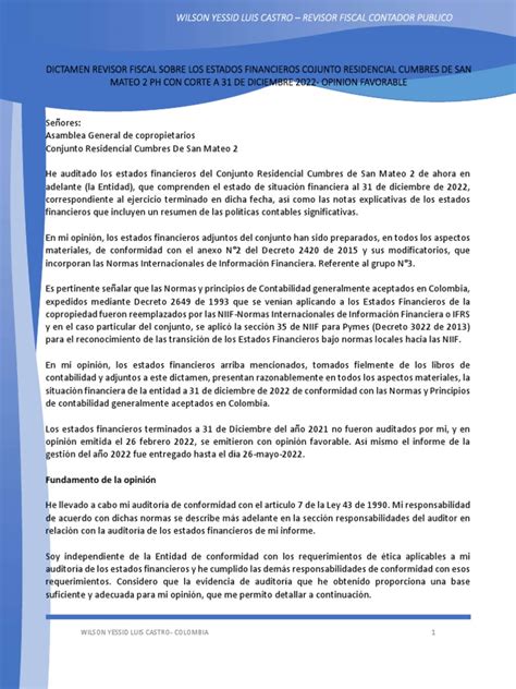 Dictamen Fiscal Cumbres San Mateo 2022 Pdf Auditoría Contabilidad