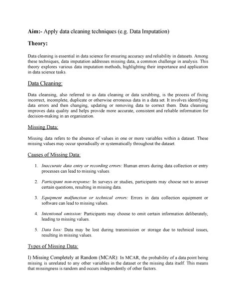 Ads2 Data Cleaning Notes Aim Apply Data Cleaning Techniques E Data Imputation Theory