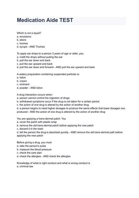 Medication Aide Test Exam 2025 2026 Questions And Answers A Graded 100 Verified Med Aide