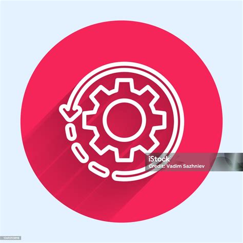 긴 그림자로 격리된 워크플로 개념 아이콘으로 흰색 선 기어 및 화살표 기어 재장전 기호 빨간색 원 버튼입니다 벡터 일러스트레이션 개념에 대한 스톡 벡터 아트 및 기타 이미지