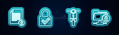 Set Line Document And Lock Lock Check Mark Electric Scooter And Ftp Folder Glowing Neon Icon