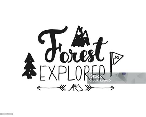 숲 탐험가 레터링 필기 사인 손으로 그린 그런지 서예 텍스트 야외 하이킹 모험과 산 탐험 벡터 일러스트 감시에 대한 스톡 벡터 아트 및 기타 이미지 Istock