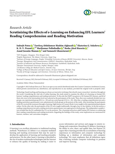 Pdf Scrutinizing The Effects Of E Learning On Enhancing Efl Learners Reading Comprehension