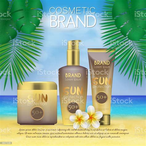 이국적인 야자수와 해변 배경에 여름 선크림 화장품 디자인 서식 파일 나뭇잎 3d 현실 태양 보호와 제품 광고입니다 3차원 형태에 대한 스톡 벡터 아트 및 기타 이미지