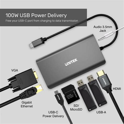 Unitek UHUB O8 8 In 1 USB3 1 Type C VGA HDMI Ethernet Card Reader And USB Hub With Power