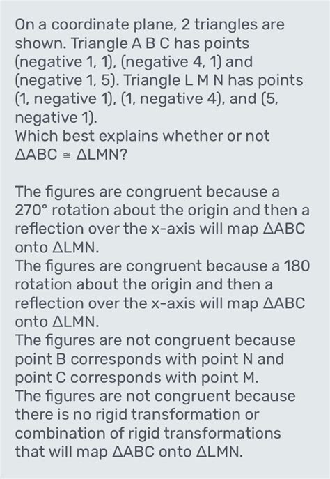 Solved On A Coordinate Plane 2 Triangles Are Shown Triangle A B C Has Points Negative 1 1