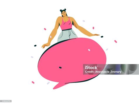 손으로 그린 벡터 추상 만화 현대 그래픽 인플루언서 소녀 캐릭터 일러스트 아트 복사 공간 연설 거품 색상 배경에 고립 고객 참여에 대한 스톡 벡터 아트 및 기타 이미지