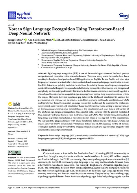 Pdf Korean Sign Language Recognition Using Transformer Based Deep Neural Network