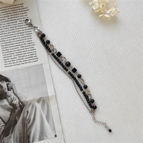 Многослойный браслет черным агатом и ониксом широкий женский браслет с черным камнем купить в