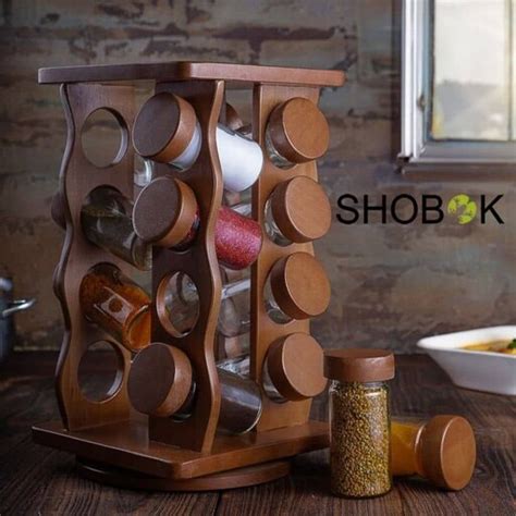 خرید و قیمت استند جا ادویه ای چوبی 12 تایی گردان با ظروف شیشه ای کد 302