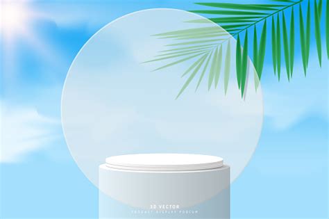 3d 푸른 하늘 구름과 태양 배경 흰색 3d 투명 유리 실린더 연단 받침대 또는 원형 유리 배경과 야자 코코넛 잎이 있는 제품 디스플레이 프레젠테이션 3d 기하학적 형태