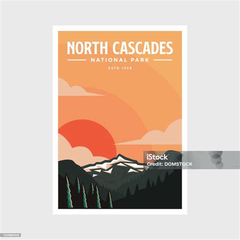 노스 캐스케이드 국립 공원 포스터 벡터 일러스트 레이 션 디자인 아름다운 산 풍경 포스터 포스터에 대한 스톡 벡터 아트 및 기타 이미지 포스터 복고풍 여행 주제