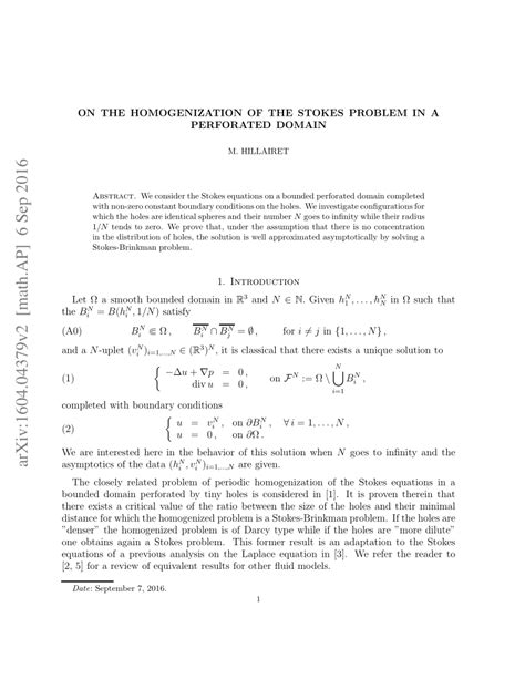 Pdf On The Homogenization Of The Stokes Problem In A Perforated Domain