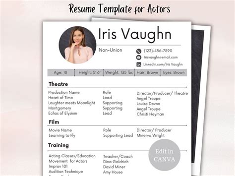 Resume Template For New Actors Auditions Editable In Canva Cv