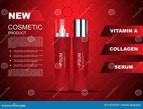 Anti Aging Serums With Ingredients On Red Hexagons Background Vector