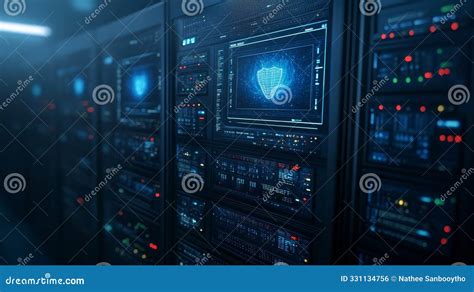 Cybersecurity Data Center With Shield On Screens Stock Illustration