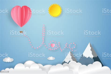 열기구 그리고 분홍색 심 혼 사랑 발렌타인의 날 2 월 14 일에 결혼식과 종이 예술 개념으로 푸른 하늘 배경에 밝은 벡터 일러스트 레이 션 개념에 대한 스톡 벡터 아트 및
