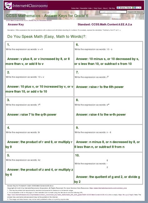 Answer Key Download Worksheet 33261 Ccss Math Content 6 Ee A 2 A