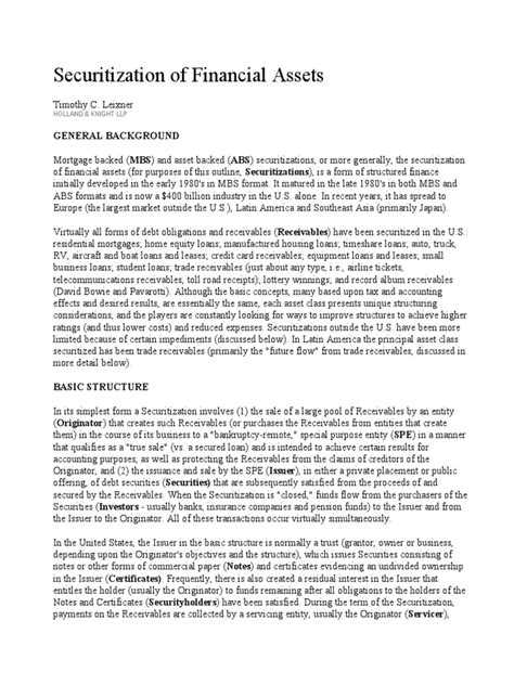 Securitization Of Financial Assets Pdf Securitization Asset Backed Security